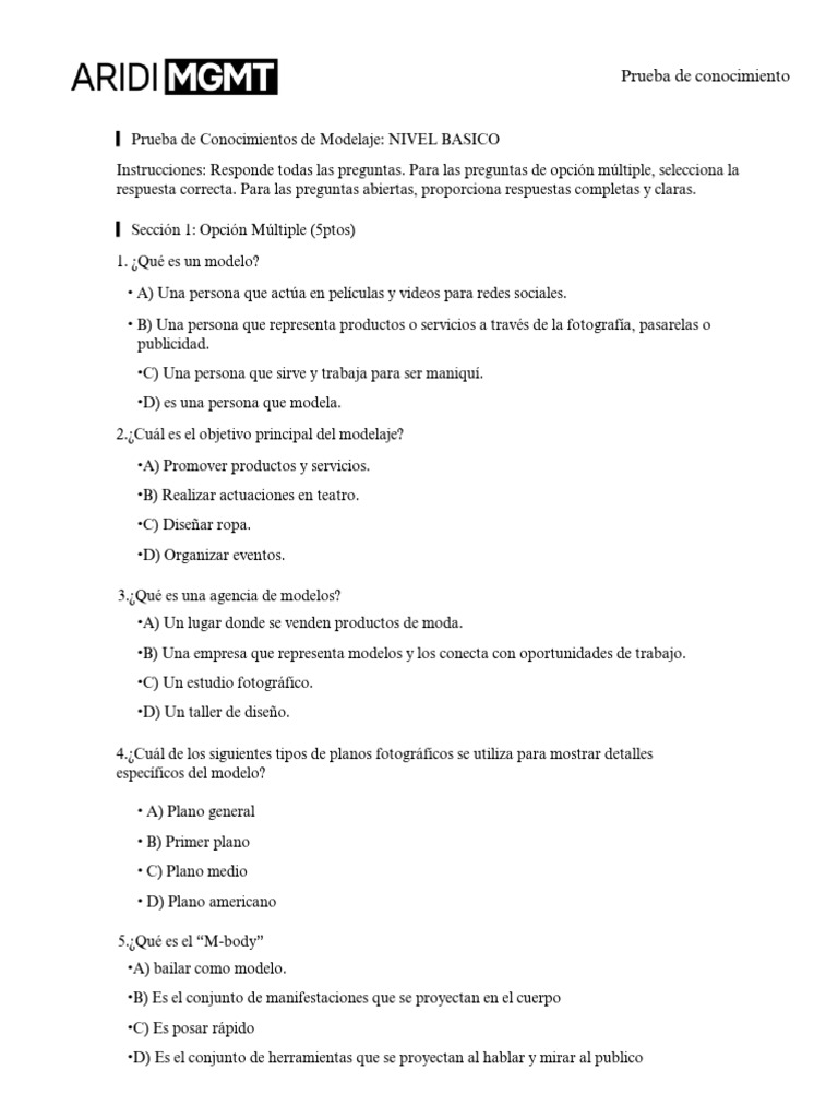 Prueba de Conocimientos de Modelaje Nivel Basico PDF | PDF
