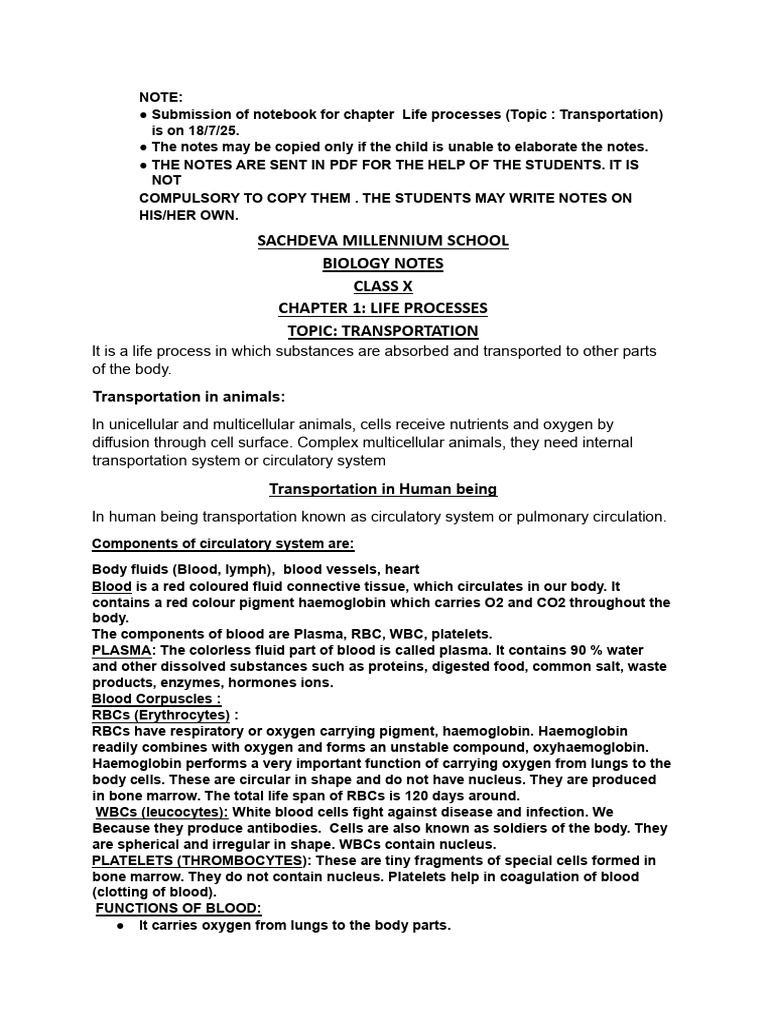 X Biology Notes (Transportation) - 1 | PDF | Heart | Circulatory System