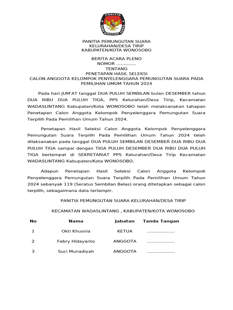 Berita Acara Pps Hasil Seleksi Kpps Revisi | PDF