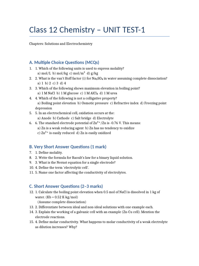 Class 12 Chemistry Unit Test 1 Solutions | PDF