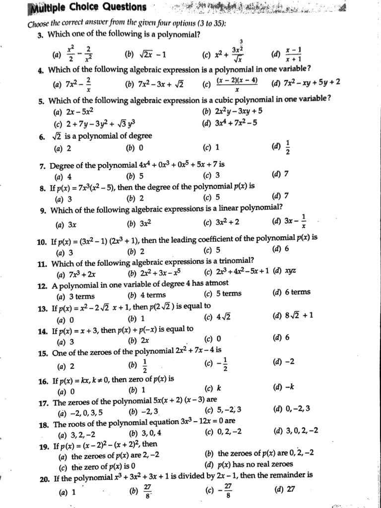 Polynomial Class 9th MCQ | PDF