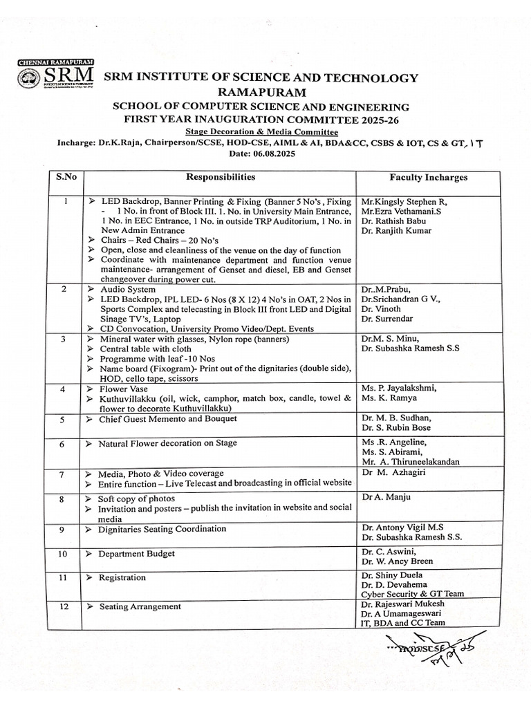 First Year Inauguration 2025 Incharges | PDF