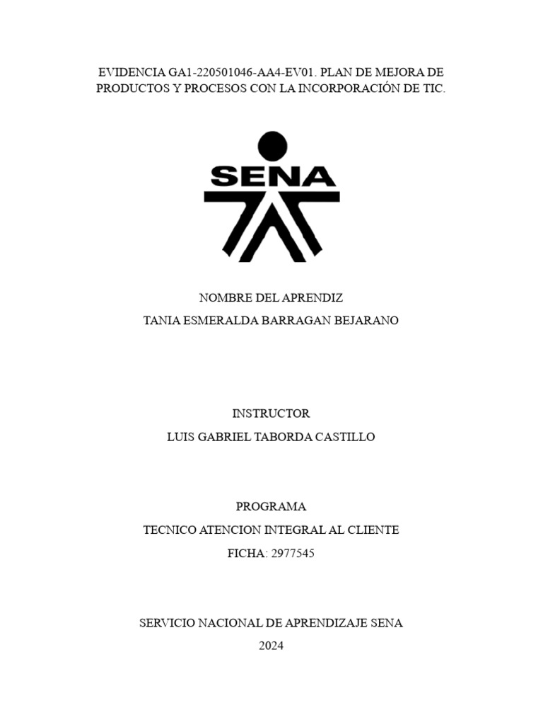 Evidencia Ga1-220501046-Aa4-Ev01. Plan de Mejora de Productos y ...