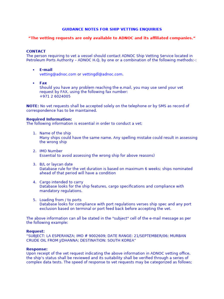 ADNOC Ship Vetting Guidance Notes | PDF | Ships | Oil