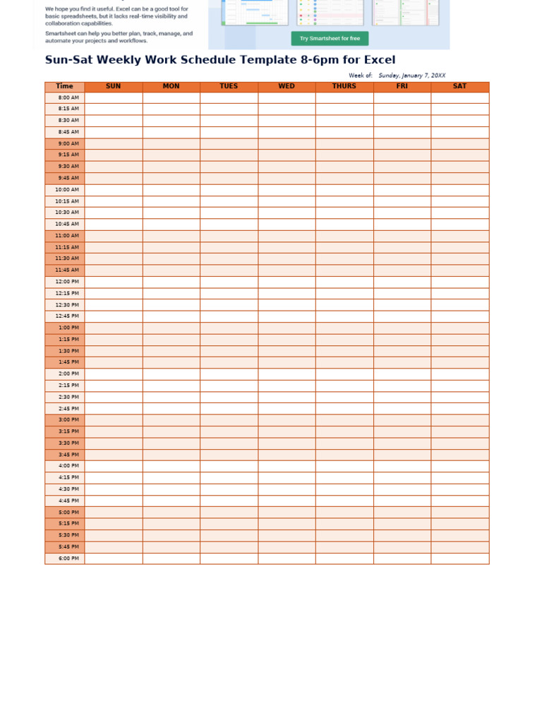 IC Sun Sat Weekly Work Schedule Template 8 6pm For Excel 8581 | PDF