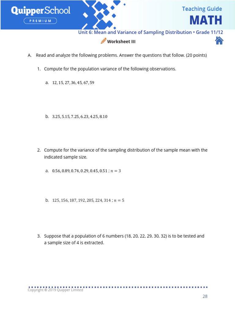 Worksheet 3 Variance of Sampling Distribution | PDF | Variance | Sampling (Statistics)