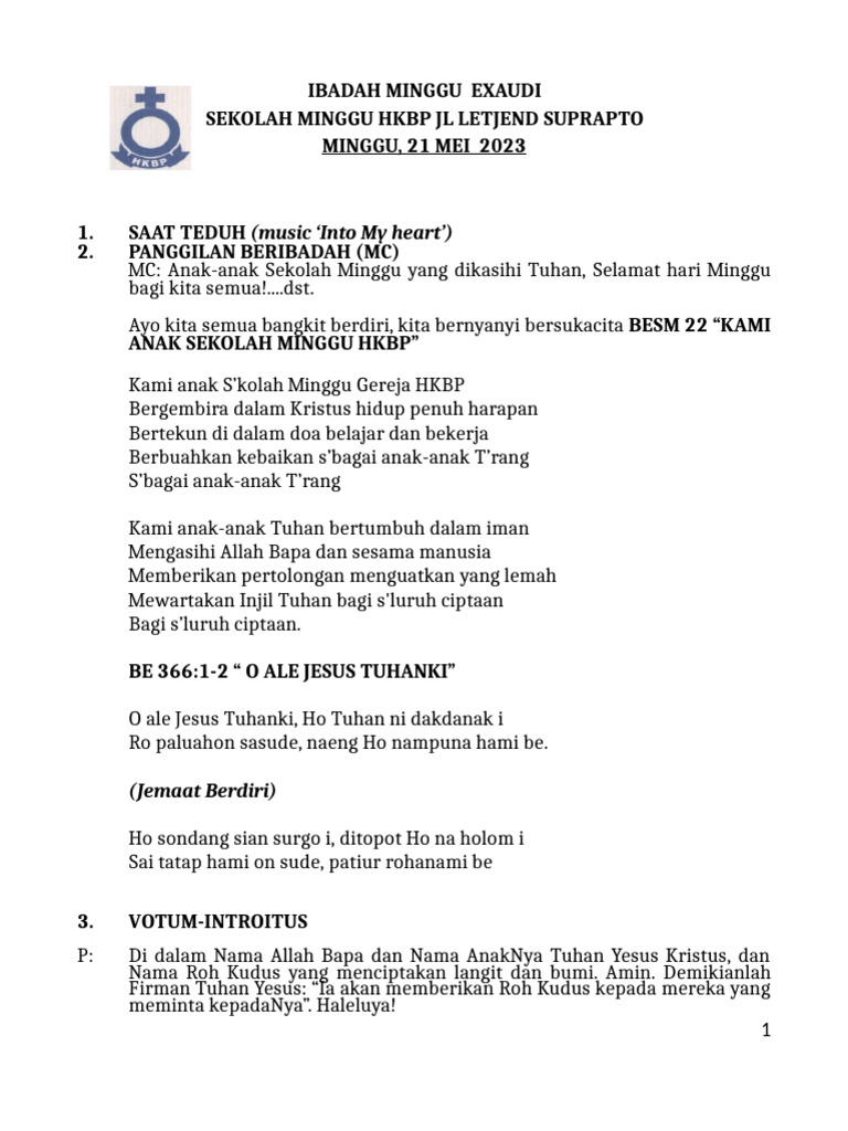 Ibadah Sekolah Minggu JLS, 21 Mei 2023 Exaudi | PDF