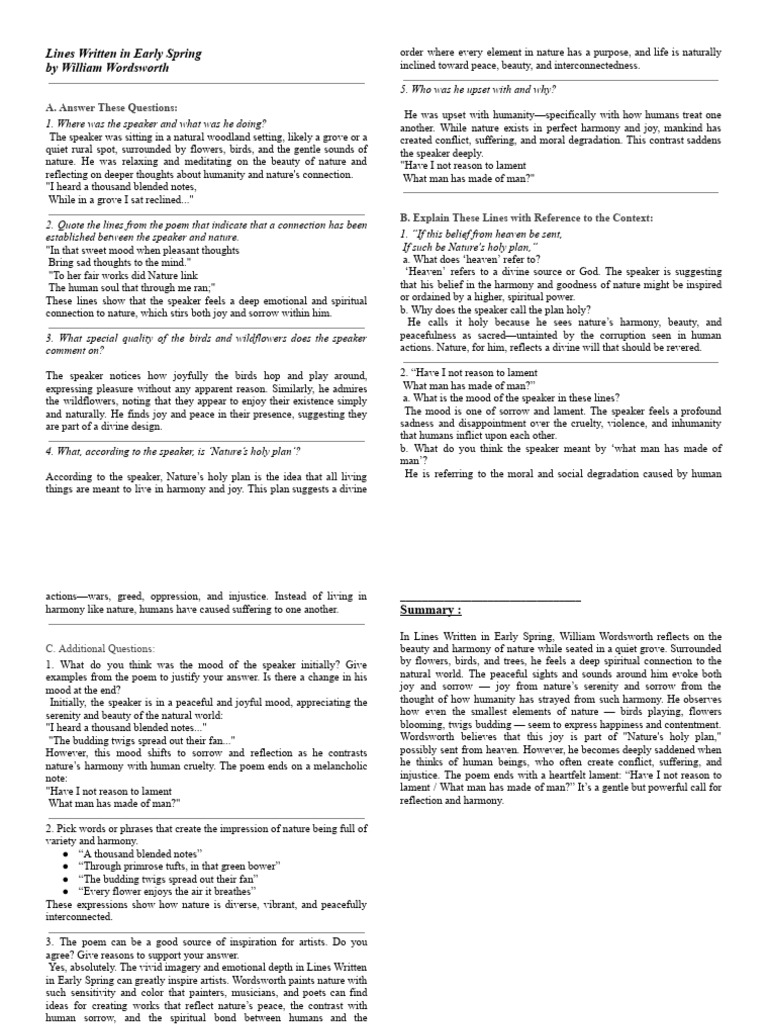 Lines Written in Early Spring | PDF | Heaven | Beauty