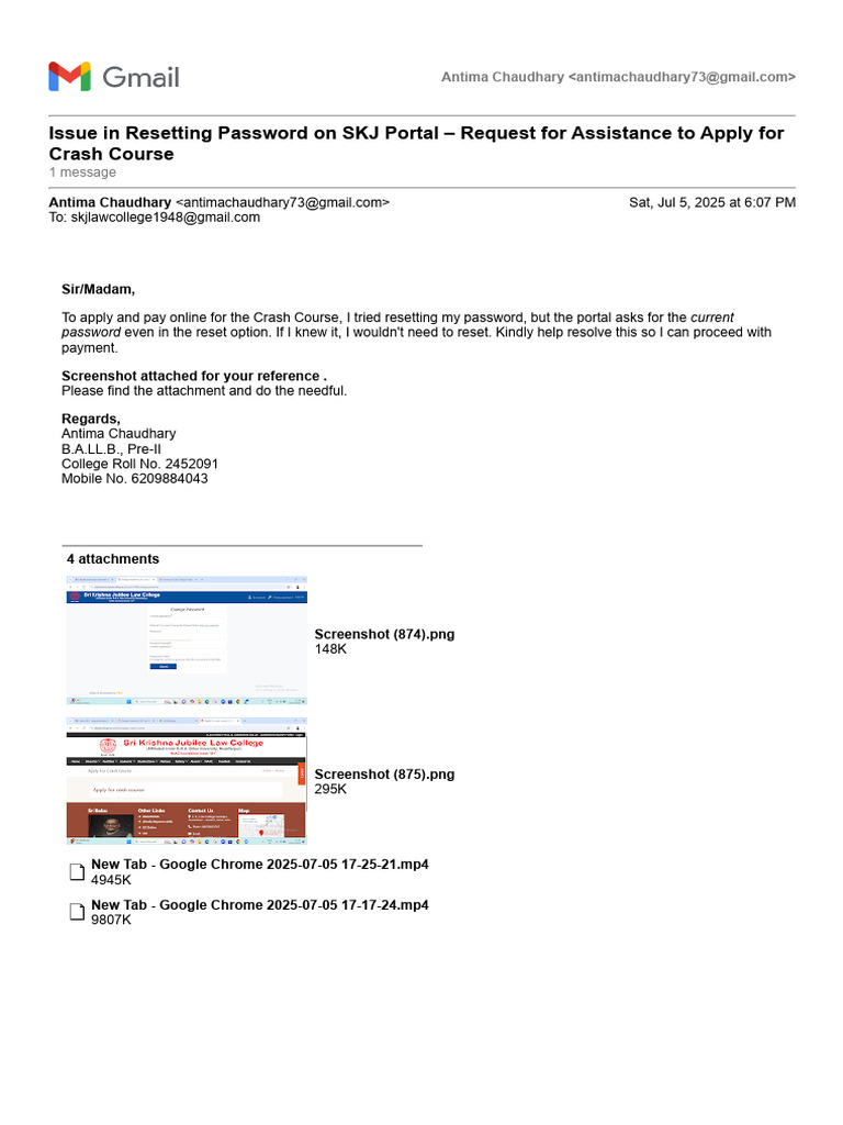 Gmail - Issue in Resetting Password On SKJ Portal - Request For Assistance To Apply For Crash ...