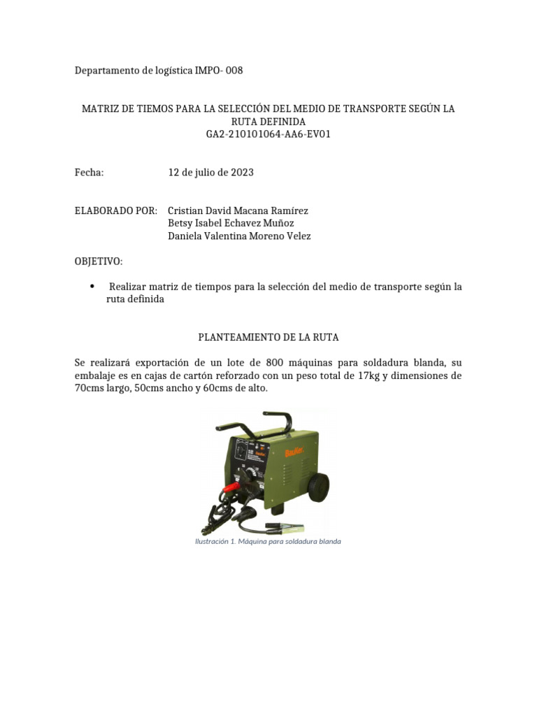 Matriz Tiempos Segun Ruta Definida GA2-210101064-AA6-EV01 | PDF