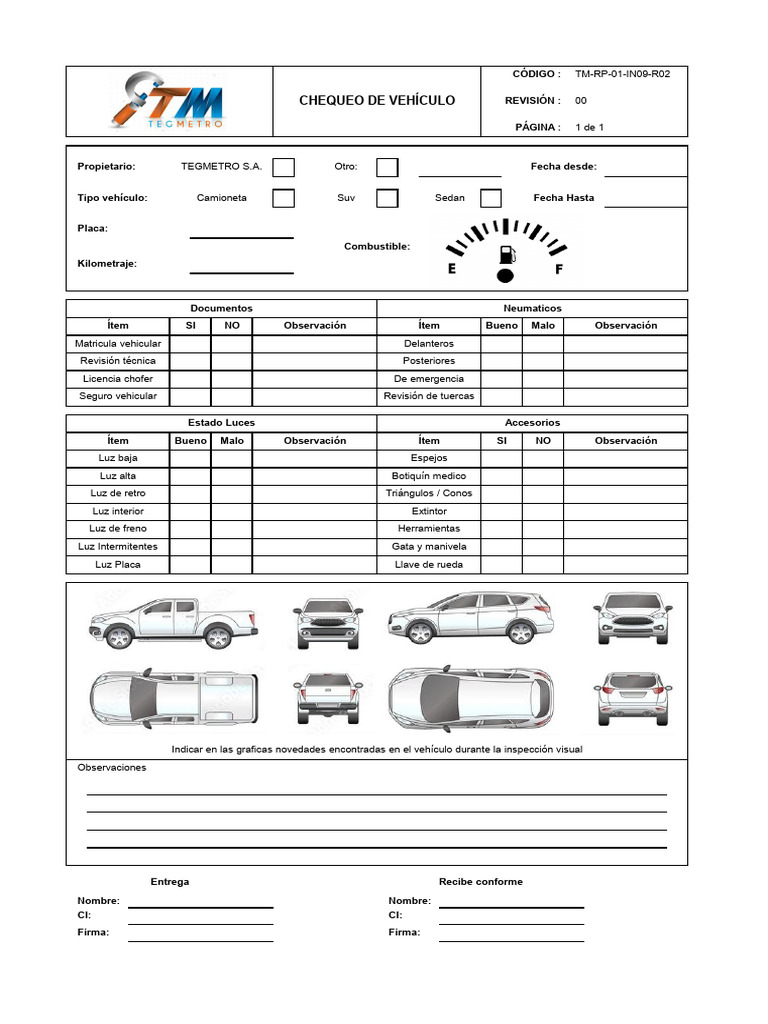 Chequeo de Vehículo Sedan: Inspección Completa | PDF | Estilos de ...