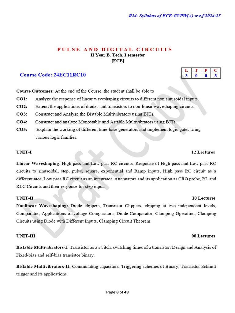 Pulse and Digital Circuits: Course Code: 24EC11RC10 | PDF | Electricity | Electronic Design