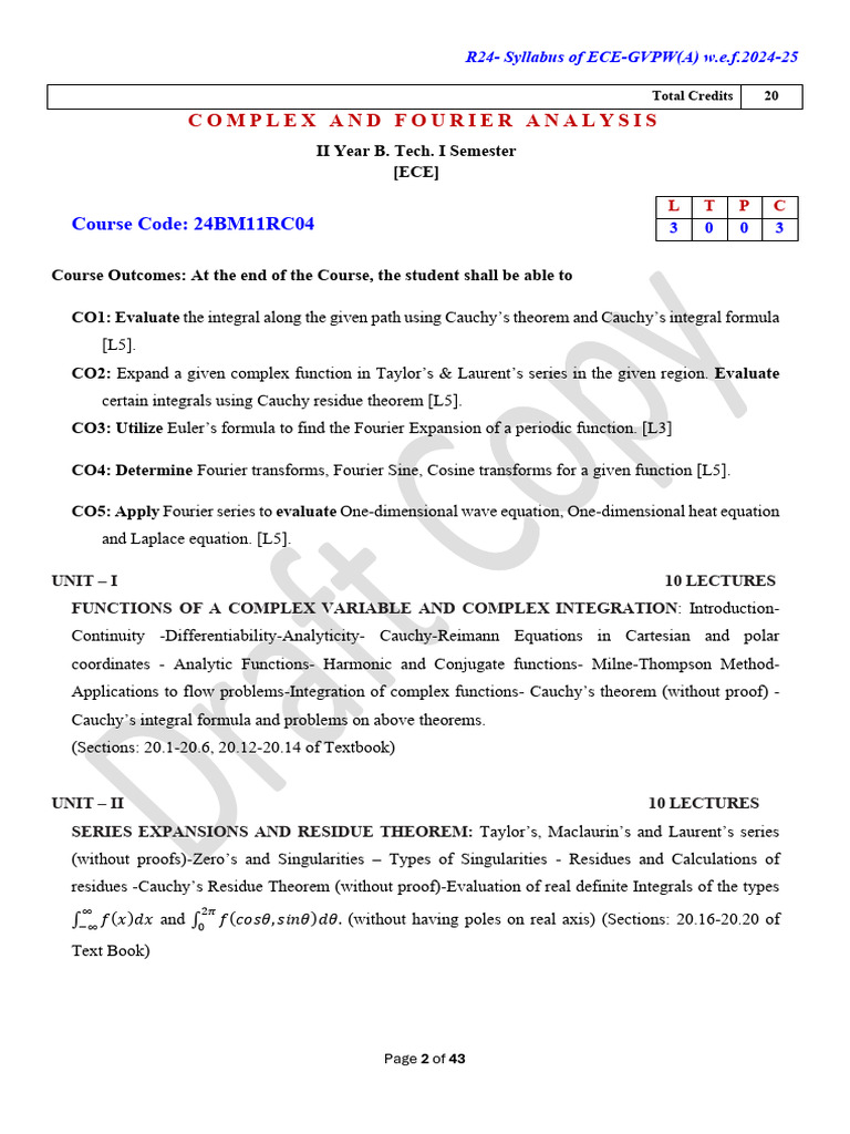 Complex and Fourier Analysis: Course Code: 24BM11RC04 | PDF | Fourier Transform | Fourier Series