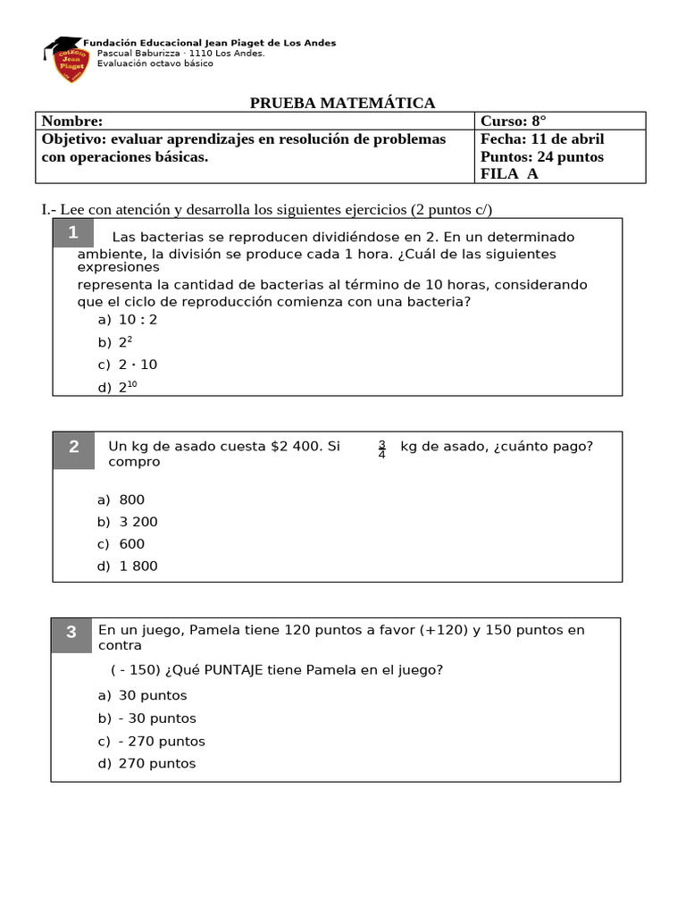 Prueba Mate Octavo Viernes FilaA | PDF