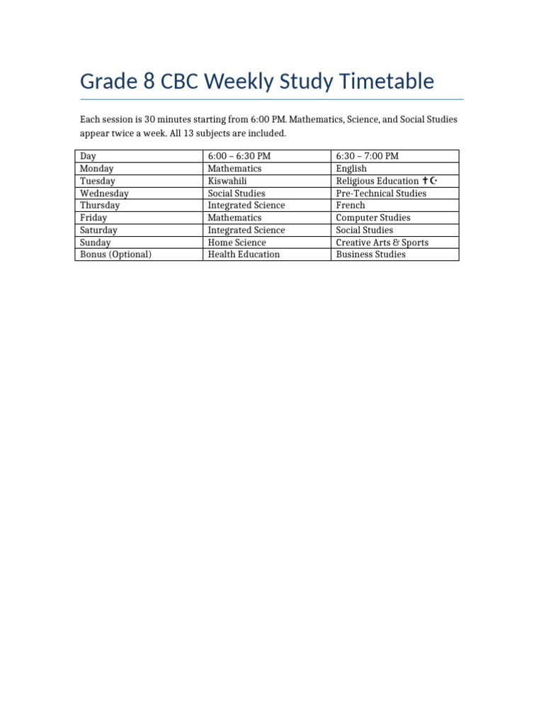 CBC Grade8 Study Timetable | PDF