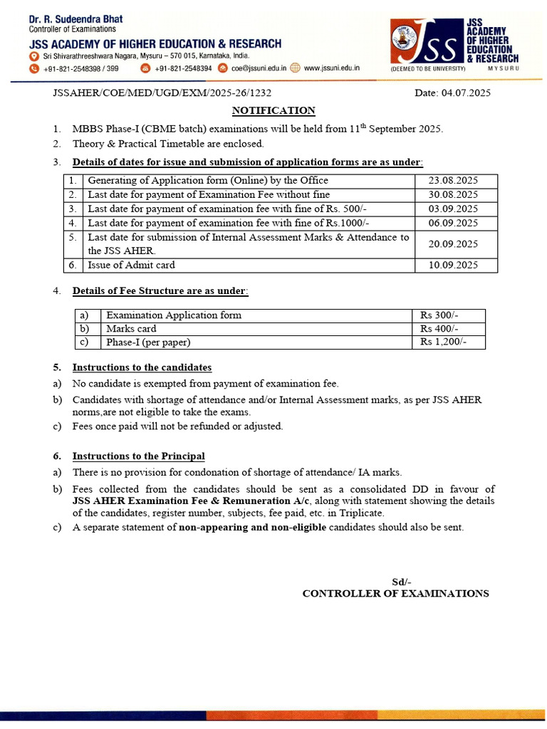 MBBS Phase-I Spetember 2025 Exam Notification | PDF