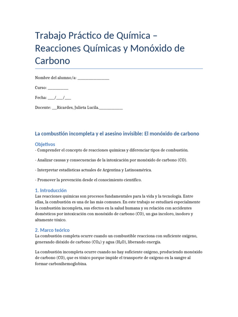 Trabajo Practico Monoxido CO Quimica Secundaria | PDF | Monóxido de ...