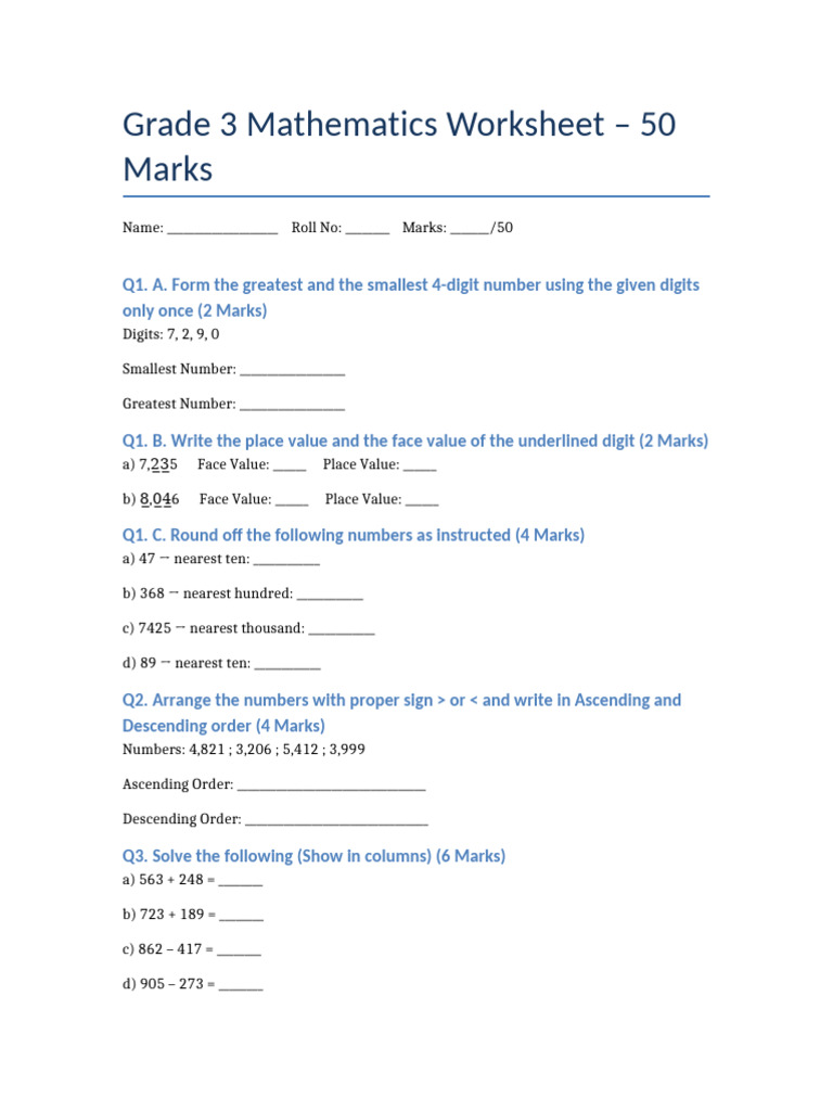Grade 3 Math Worksheet for Practice | PDF | Mathematics