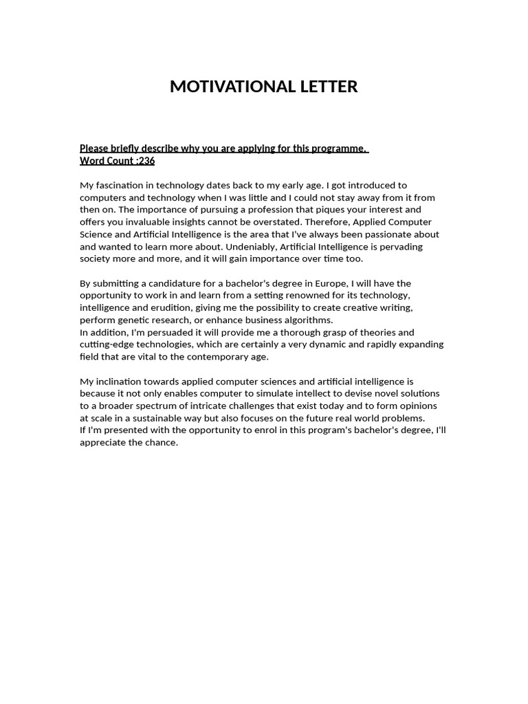 Motivational Letter for AI Degree Application | PDF