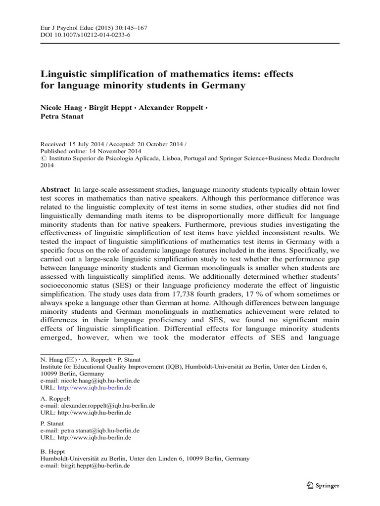 Linguistic simplification of mathematics items | PDF | Socioeconomic Status | Linguistics