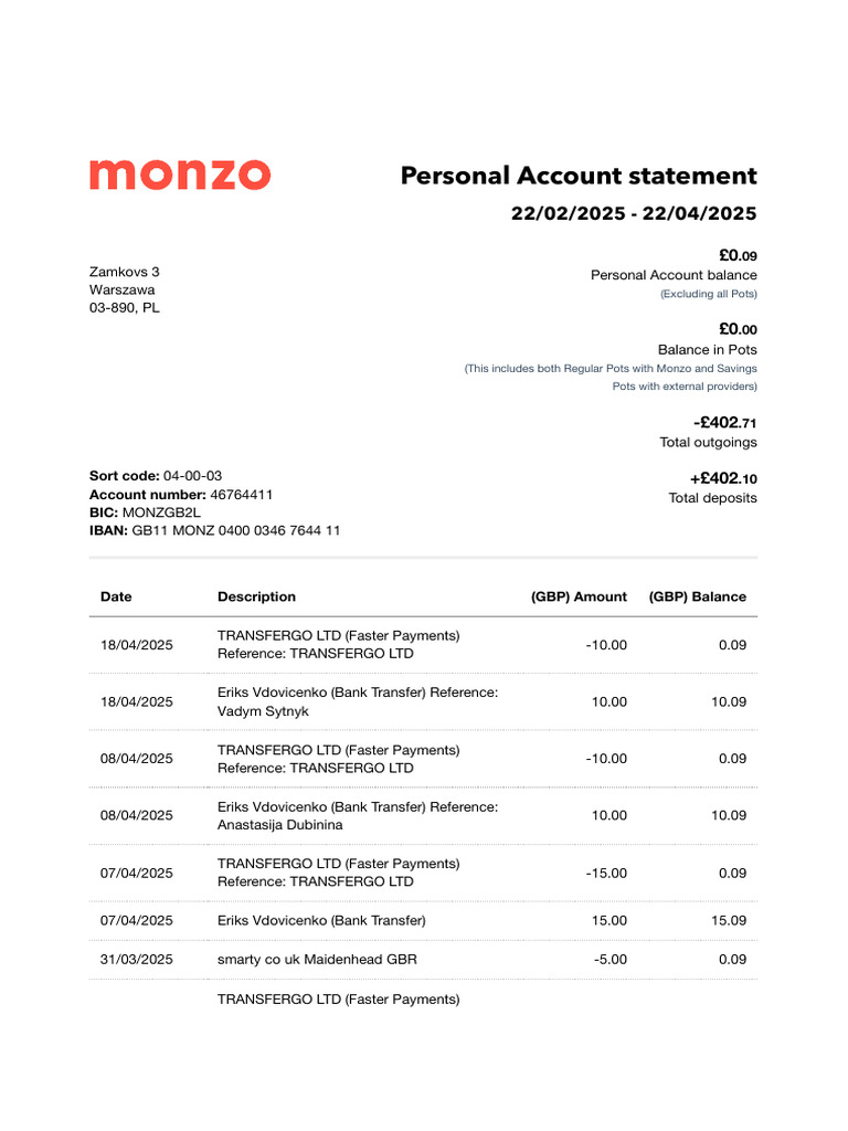 Monzo - Bank - Statement - 2025 02 22 2025 04 22 - 7905 | PDF | Deposit ...