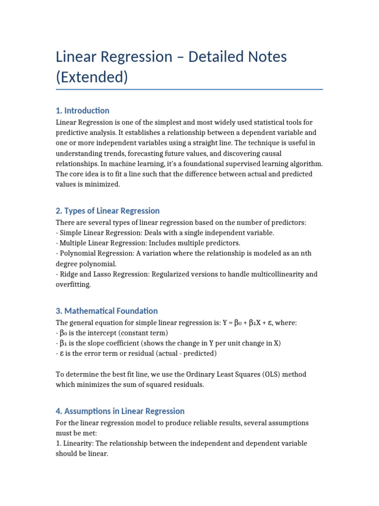 Linear Regression Notes Extended | PDF | Linear Regression | Errors And ...