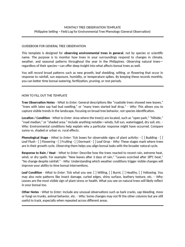 Monthly Tree Observation Template | PDF | Trees | Rain