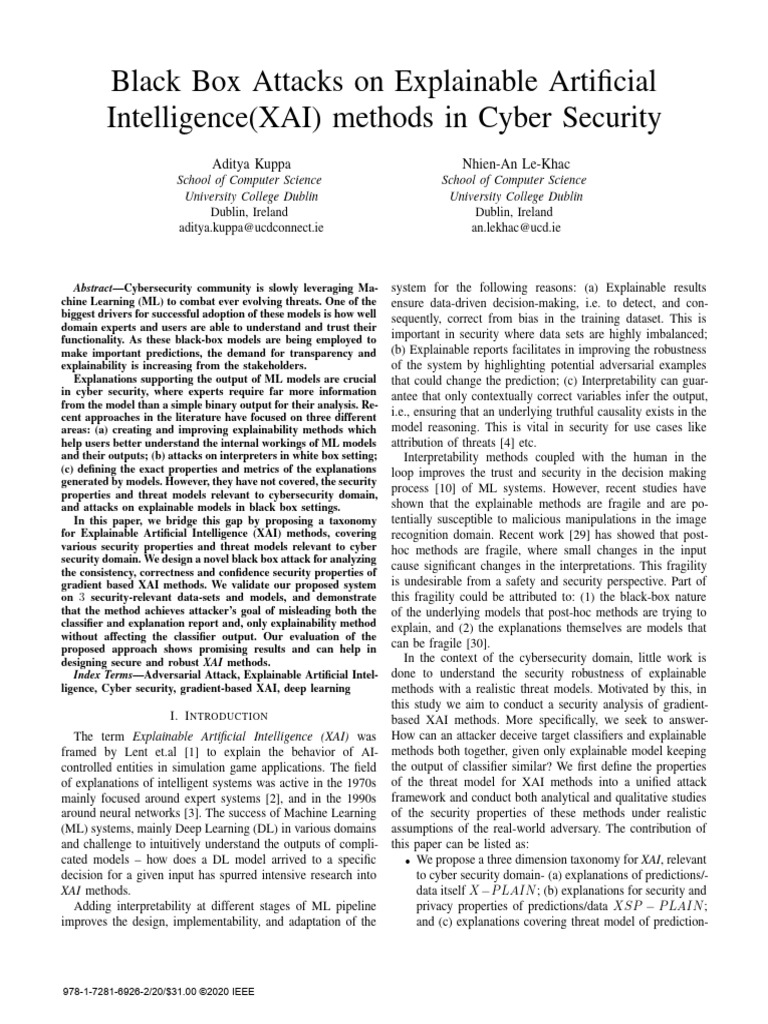 Black Box Attacks On Explainable Artificial IntelligenceXAI Methods in Cyber Security | PDF ...