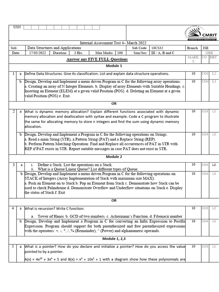 IAT-IV 18CS32 Data Structures and Its Applications March-2022-M.Chithambarathanu | PDF | Queue ...