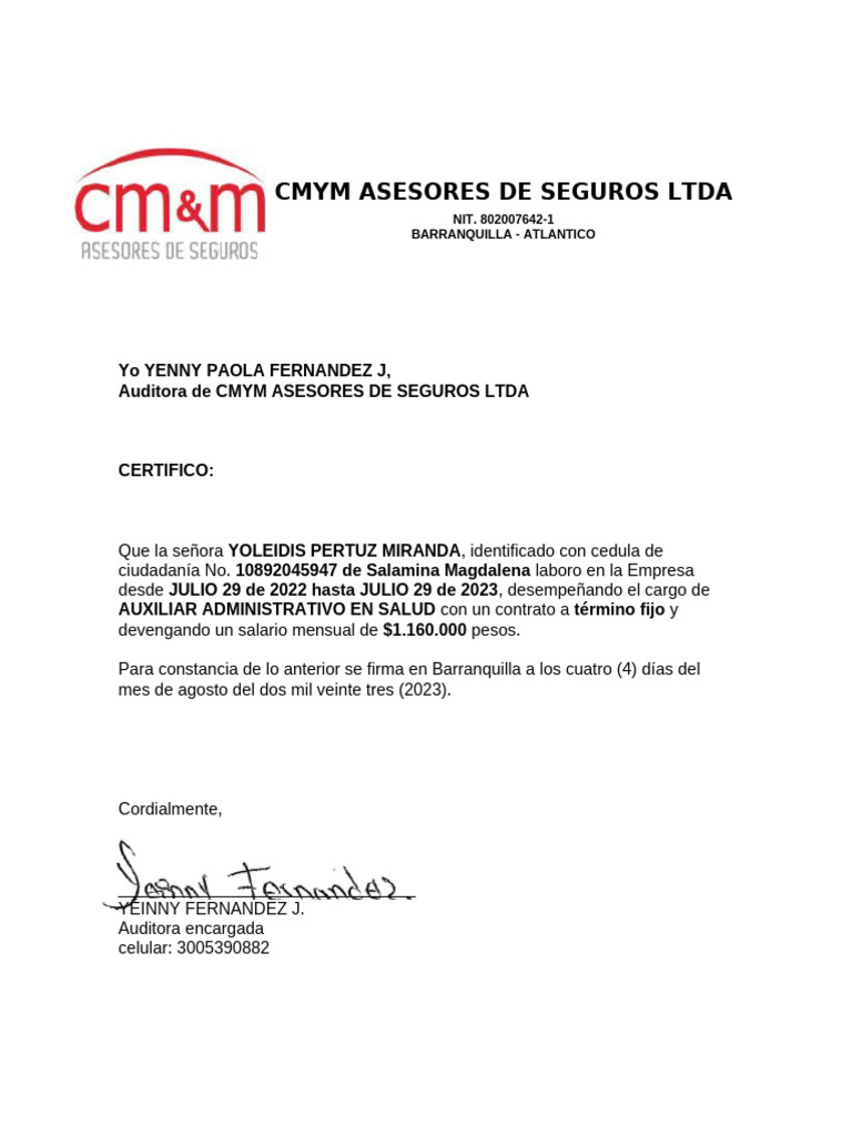 Certificado Laboral Yole | PDF