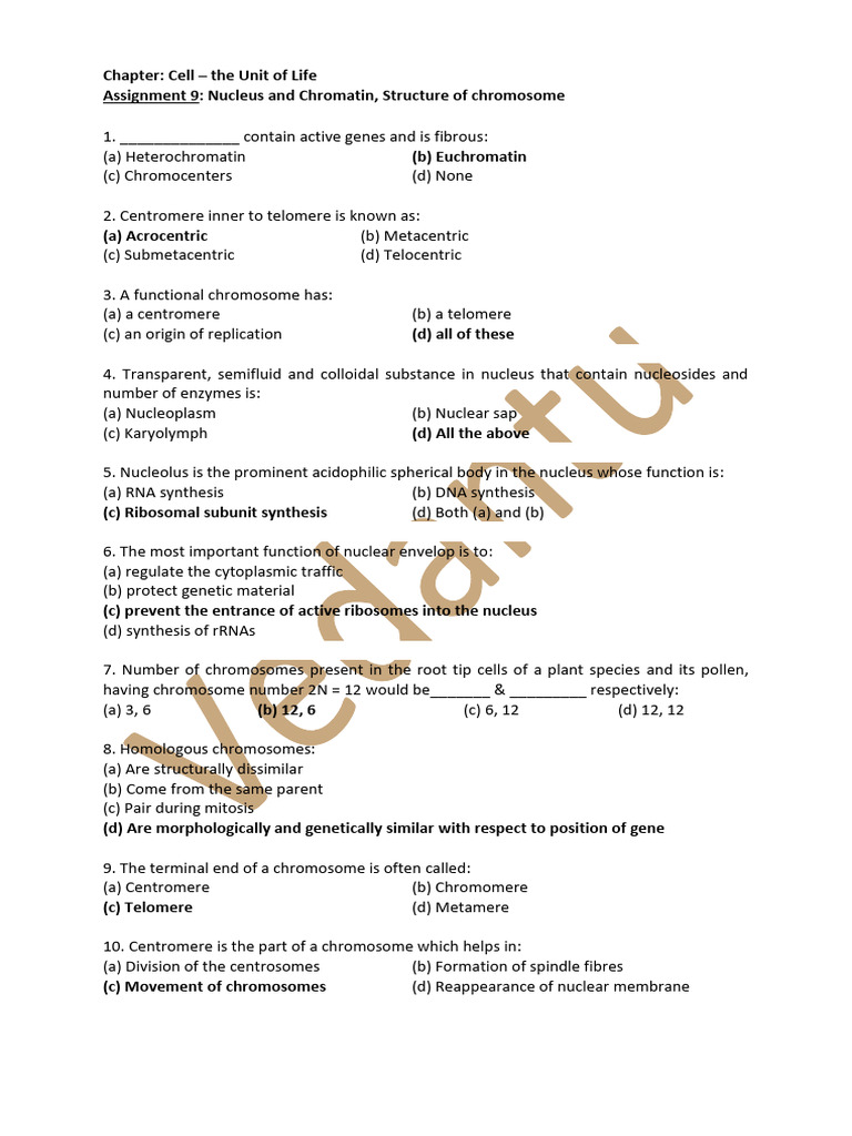 Cell L 9 Nucleus and Chromatin Structure of Chromosome With Answers ...
