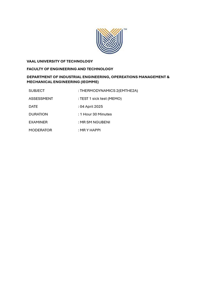 Thermodynamics 2 Test 1 Sick Test Memo | PDF