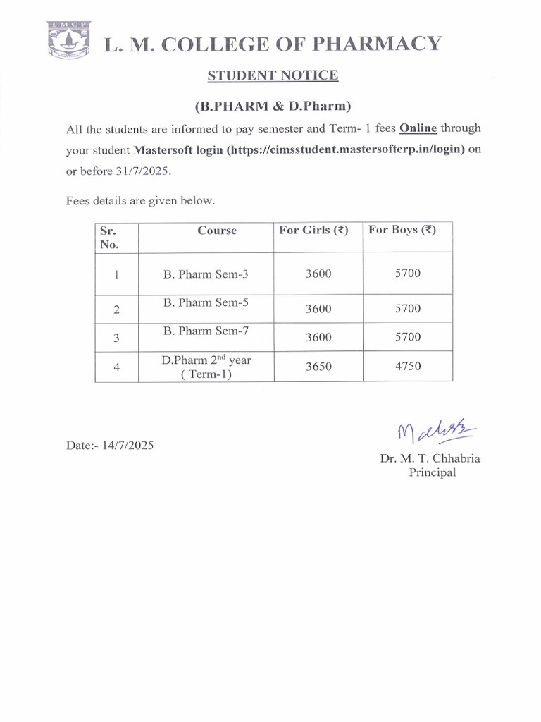 Bpharm Sem 3, 5,7 Fee Circular 2025.26 | PDF