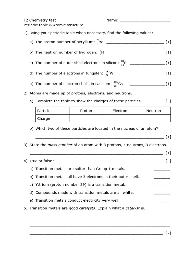 F2 Chem Test - 25-01-30 Periodic Table & Atomic Structure | PDF | Atoms ...