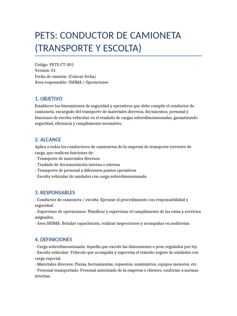 PETS Conductor Camioneta Escolta | PDF | Transporte