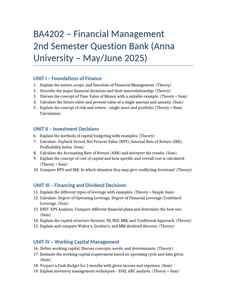Financial Management Question Bank Sem2 | PDF | Capital Budgeting ...
