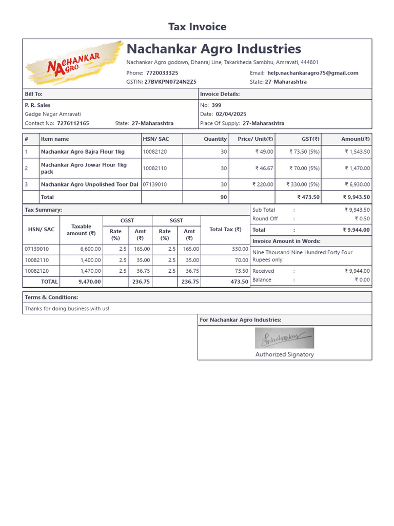 Nachankar Agro Industries Tax Invoice | PDF | Government | Economy Of Asia