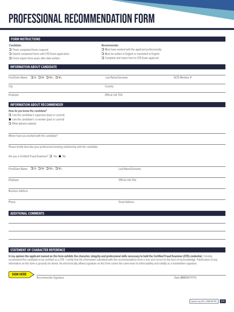 CFE Exam Recommendation Form Guide | PDF