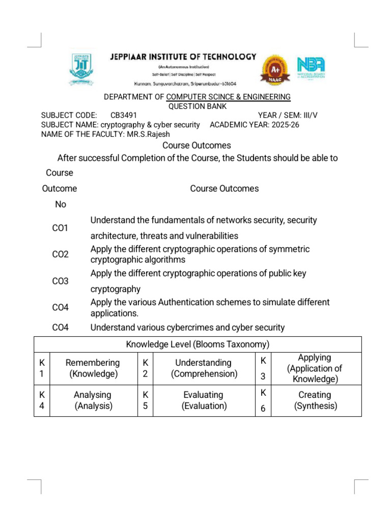 CB3491 Crypt & Cyber Sec - Ques Bank | PDF | Cryptography | Key (Cryptography)