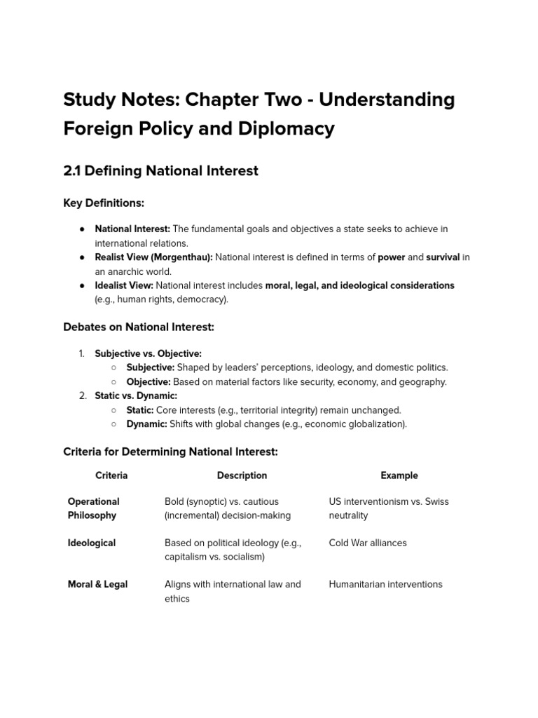 Study Notes Chapter Two Understanding Foreign Policy and Diplomacy ...