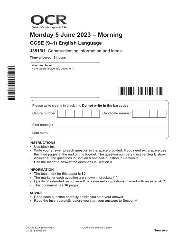 GCSE English Language Exam Instructions | PDF
