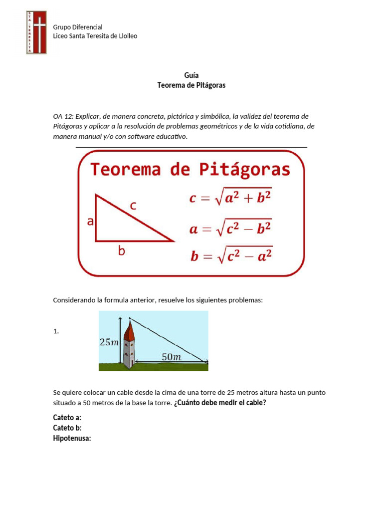 Guia Teorema de Pitagora | PDF