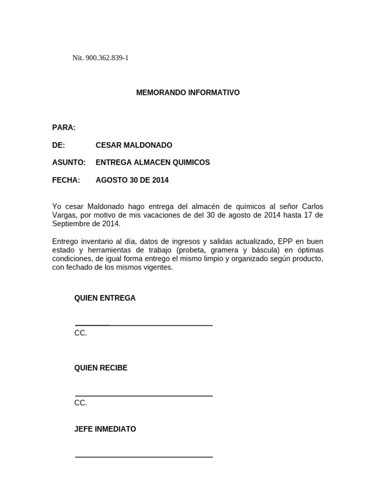 Memorando Informativo Vacaciones Cesar Ejemplo | PDF