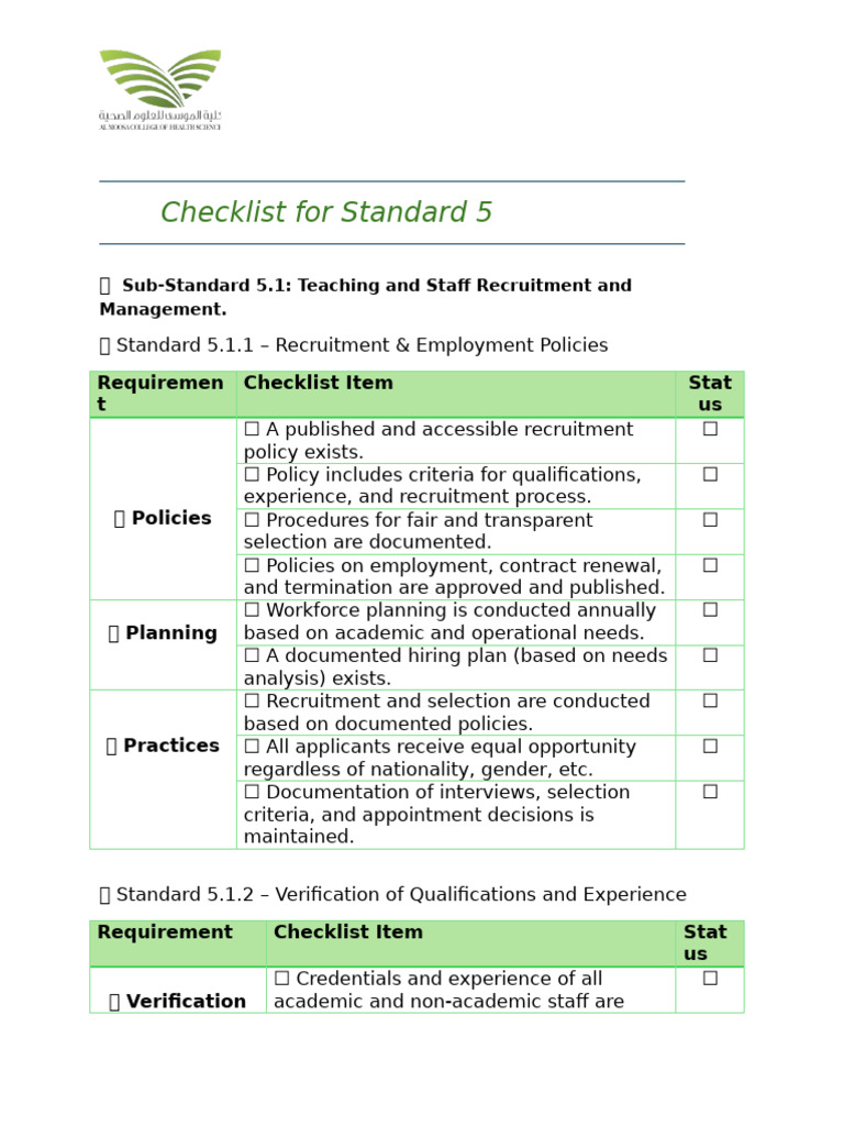 Standard 5 Recruitment and Staffing Checklist | PDF | Verification And ...