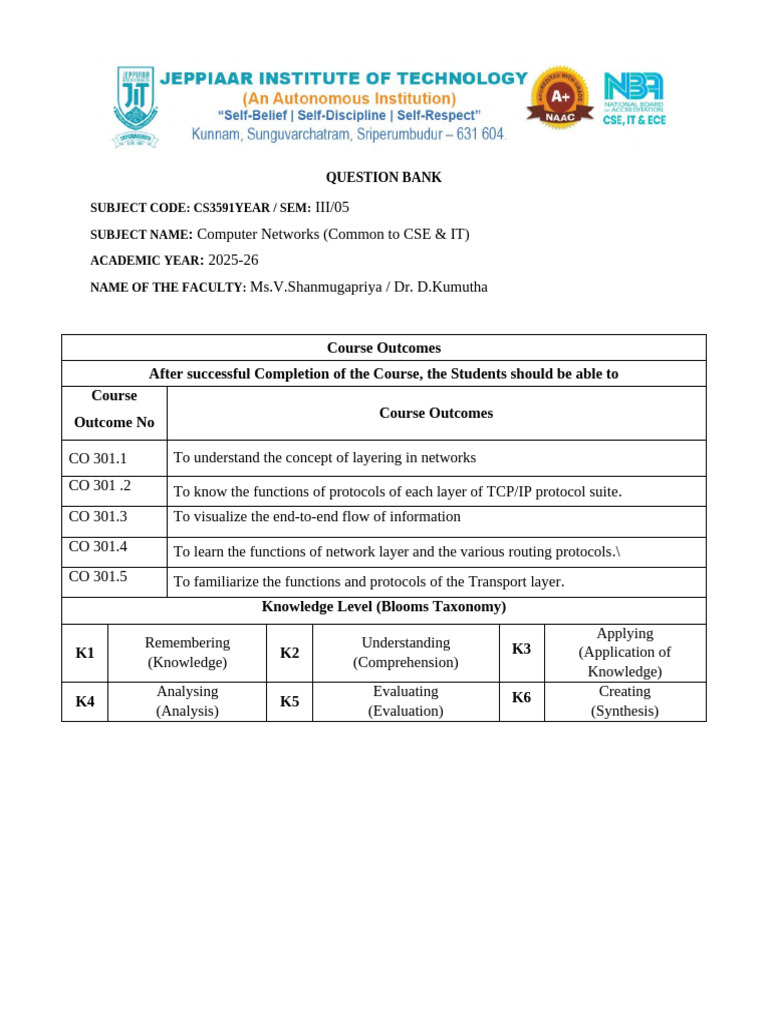 CS 3591 CN QB With Answer (21.05.25) Easy | PDF | Ip Address | Transmission Control Protocol