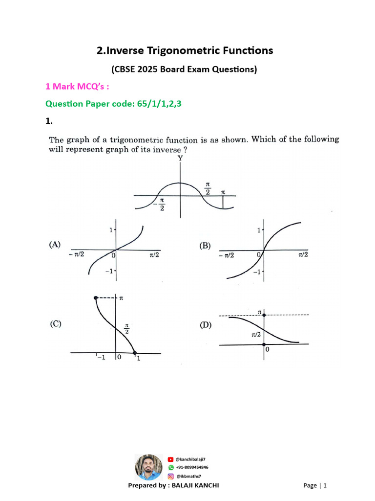 Inverse Trigonometric Functions MCQs | PDF