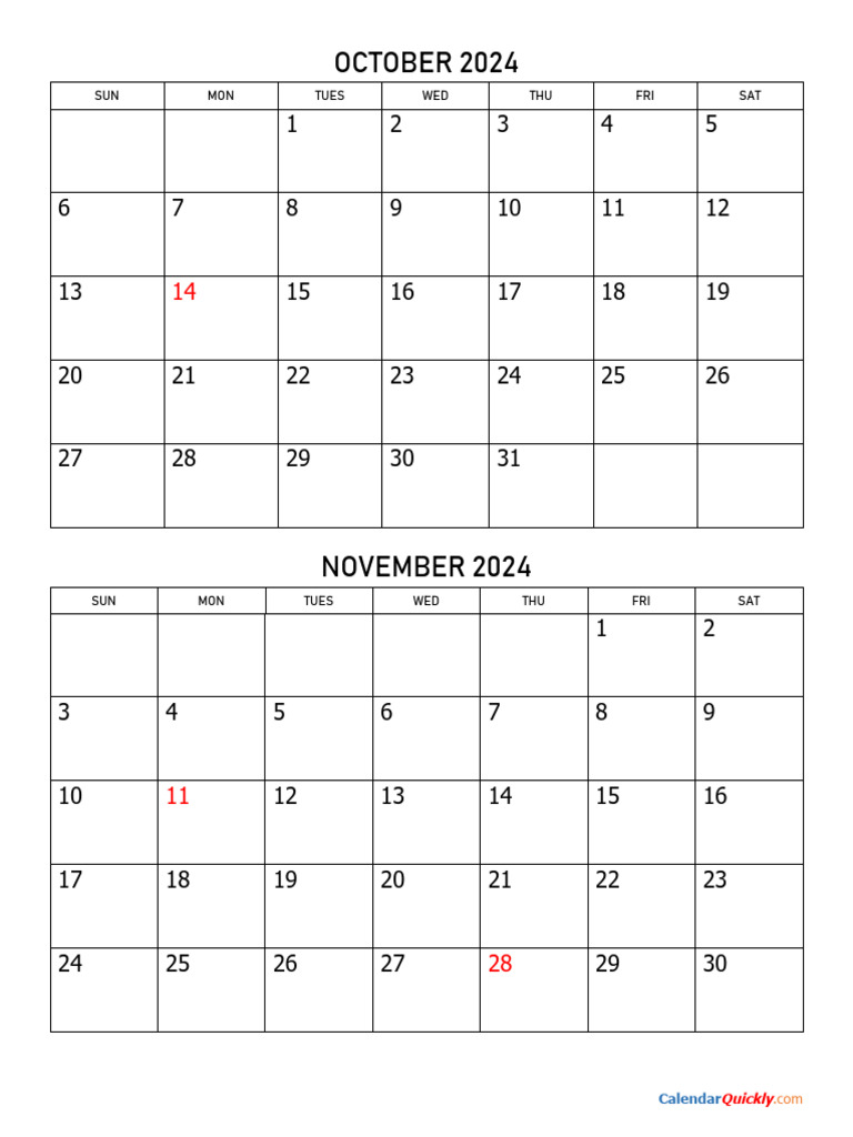 October November Two Months 2024 Calendar Vertical | PDF