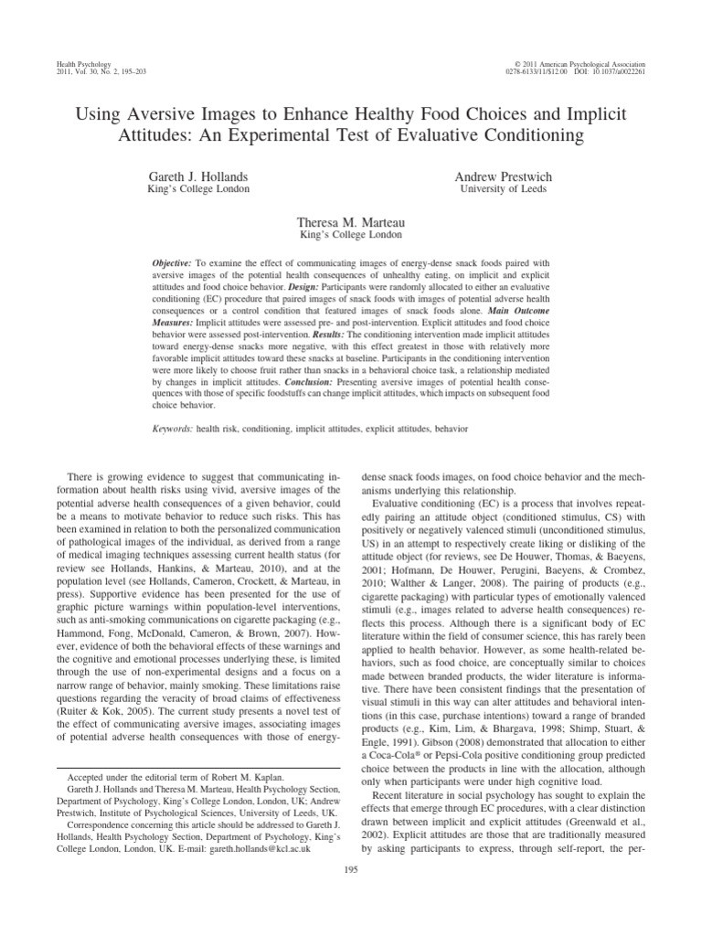 Using Aversive Images To Enhance Healthy Food Choices and Implicit Attitudes An Experimental ...