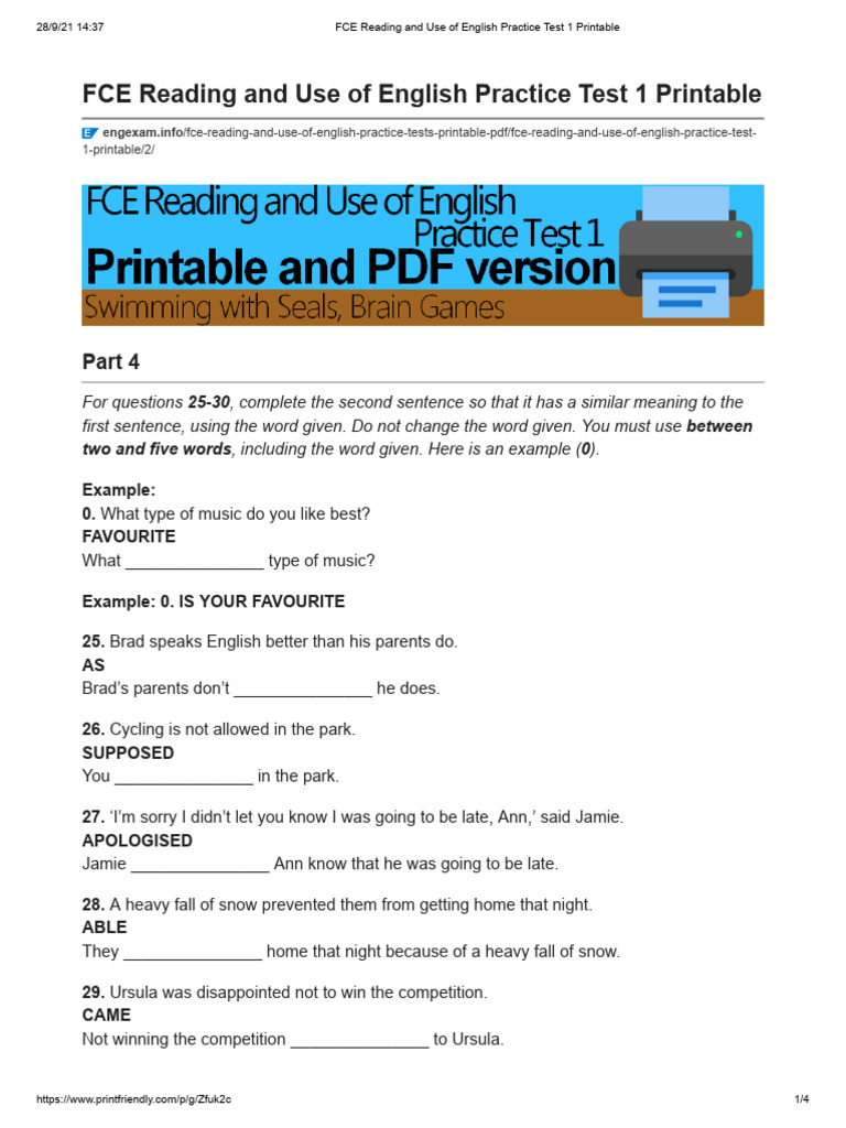 FCE Reading and Use of English Test 1 | PDF