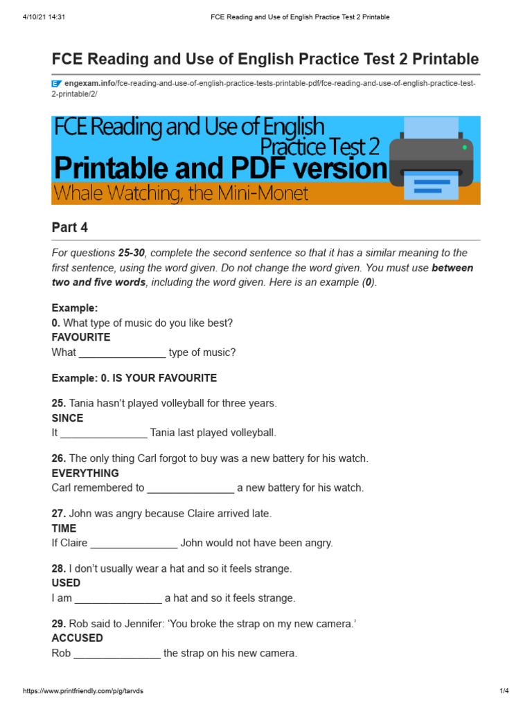 FCE Reading and Use of English Practice Test 2 Printable p2 | PDF